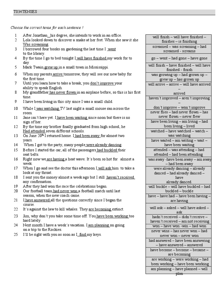 Choose The Correct Tense For Each Sentence ! | PDF