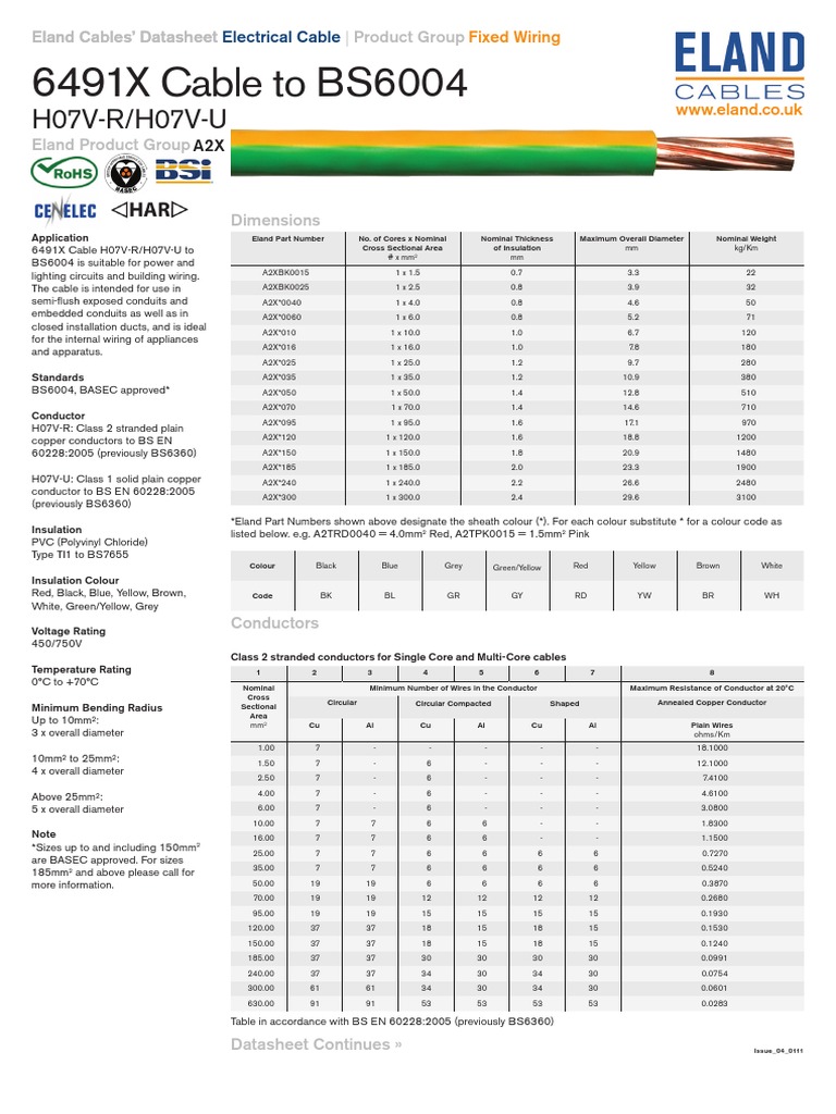 X Cable To BS6004: H07V-R/H07V-U | PDF | Electrical Wiring | Electrical ...