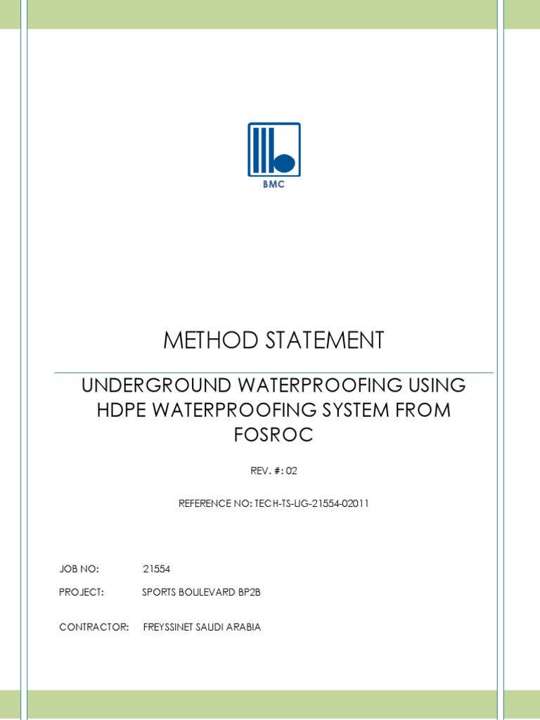 Method Statement: Underground Waterproofing Using Hdpe Waterproofing System From Fosroc | PDF ...