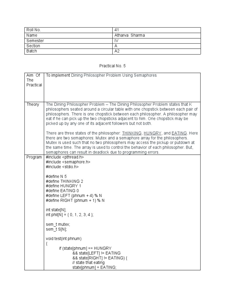 Practical No. 5 OS - Dinning Philosopher Problem Using Semaphores | PDF