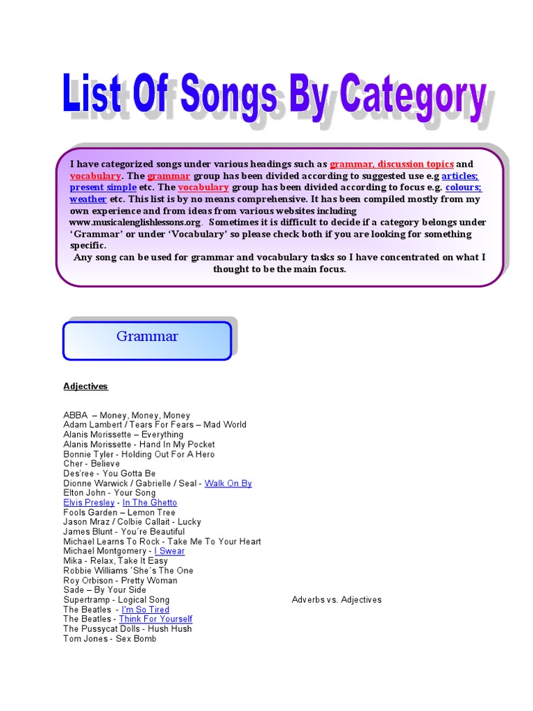 Song Categories for Language Learning | PDF