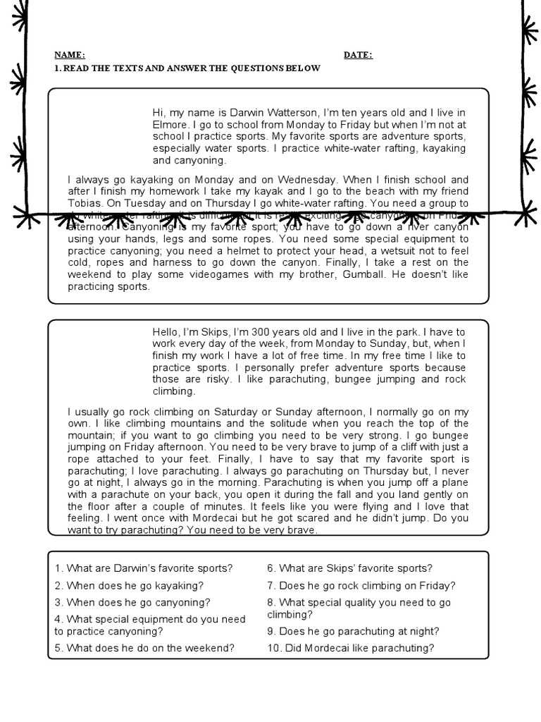 Adventure Sports Reading Reading Comprehension Exercises 97277 | PDF