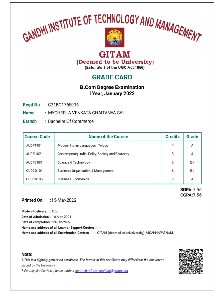 Chaithu GRADE CARD | PDF