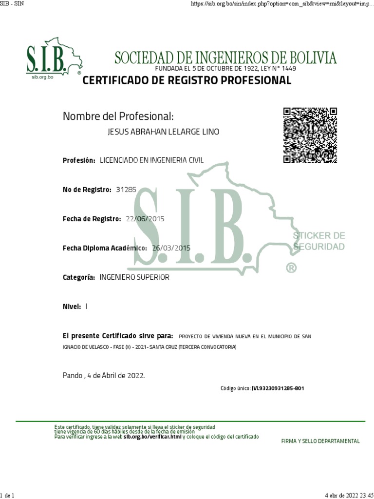 Certificado de Registro Profesional de Ingeniero Civil emitido por la Sociedad de Ingenieros de ...
