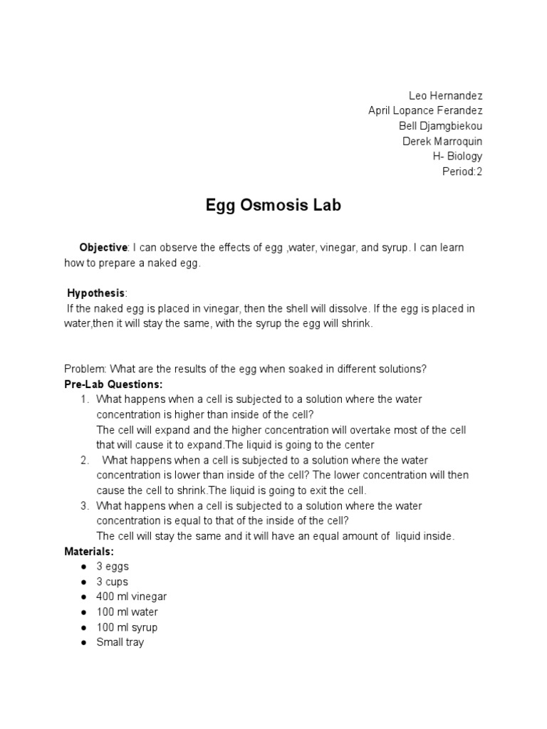 Egg Osmosis Lab 1 | PDF | Scientific Method | Methodology