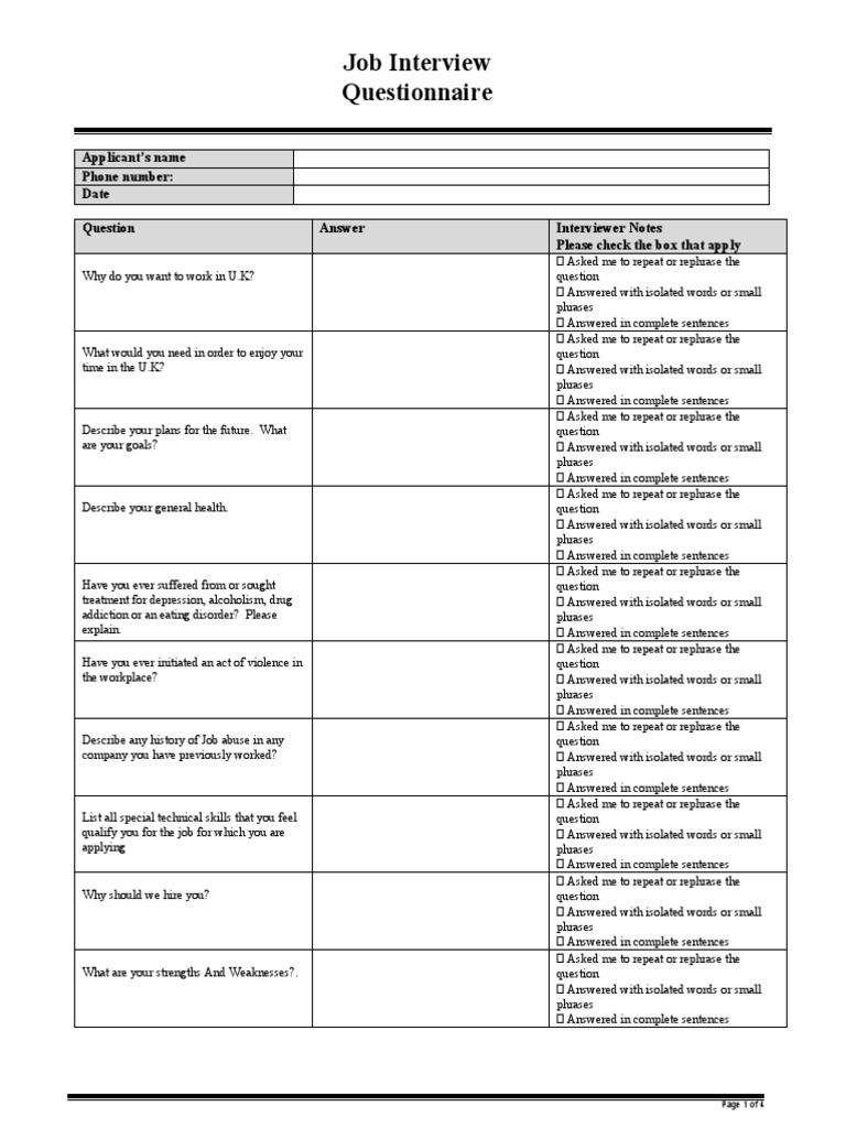 Job Interview Questionnaire: Applicant's Name Phone Number: Date Answer ...