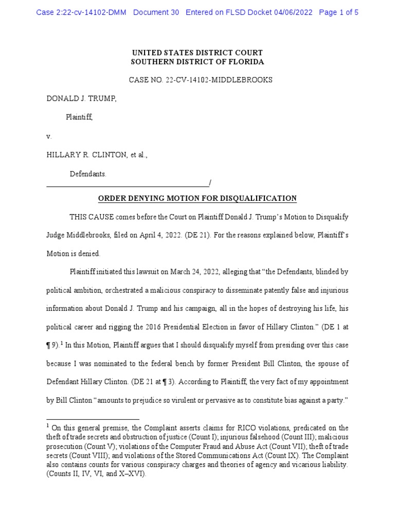 Trump's Motion To Disqualify Judge Middlebrooks (Bill Clinton Appointed ...