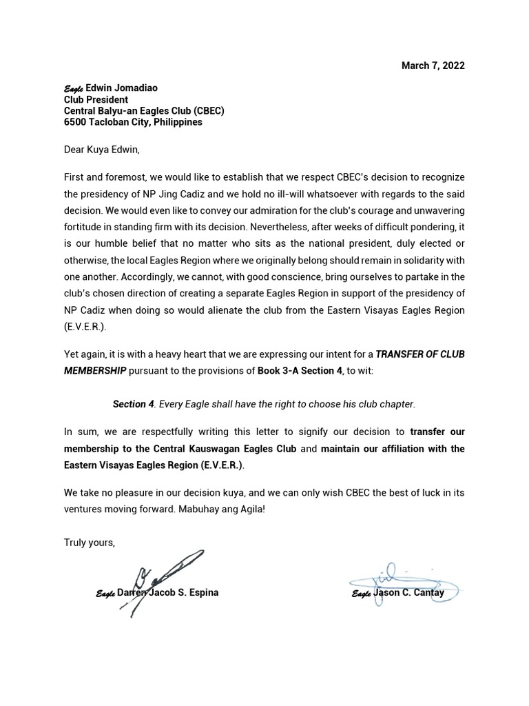 Letter For Transfer of Club | PDF