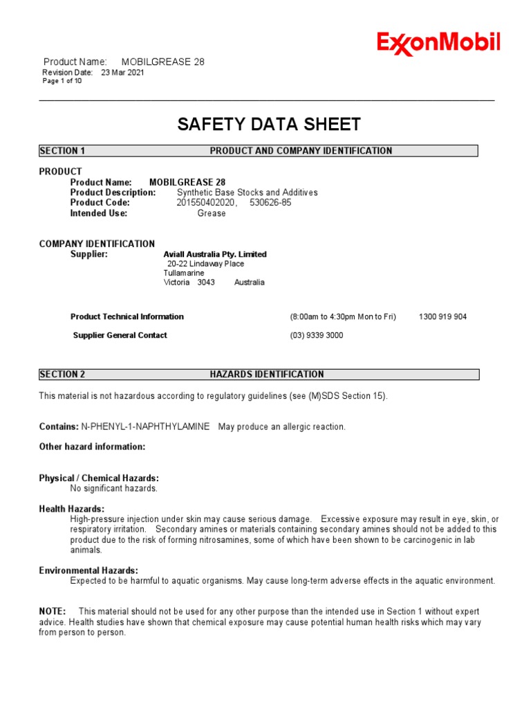 Safety Data Sheet: Product Name: MOBILGREASE 28 | PDF | Toxicity ...
