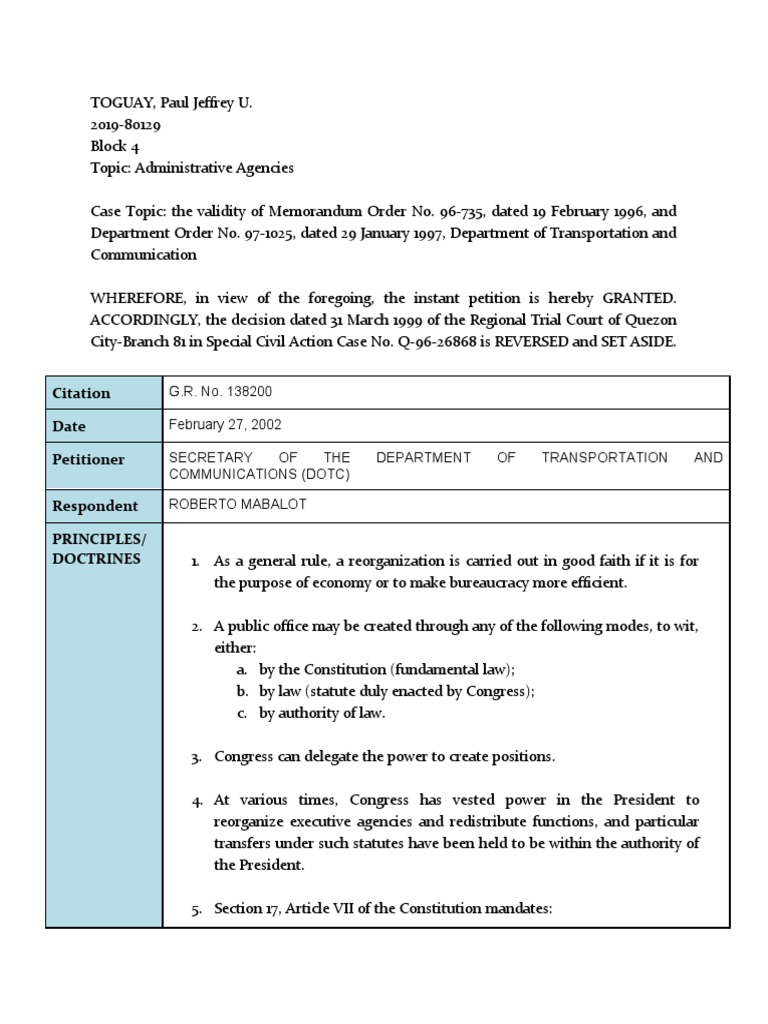 Secretary DOTC Vs Mabalot - 138200 (2002) | PDF