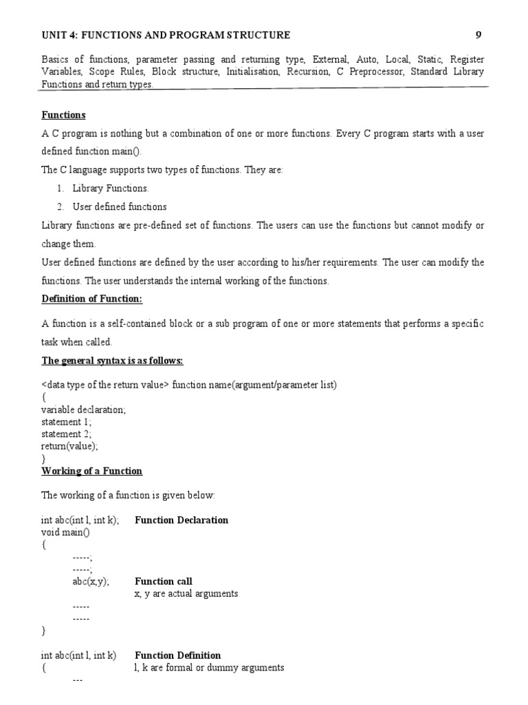 Unit 4 Functions And Program Structure 9 Pdf Parameter Computer Programming Subroutine