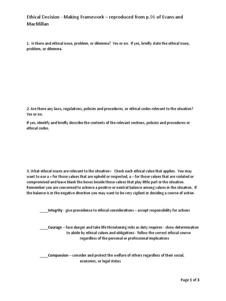 Ethical Decision - Making Framework - Reproduced From P.96 of Evans and ...