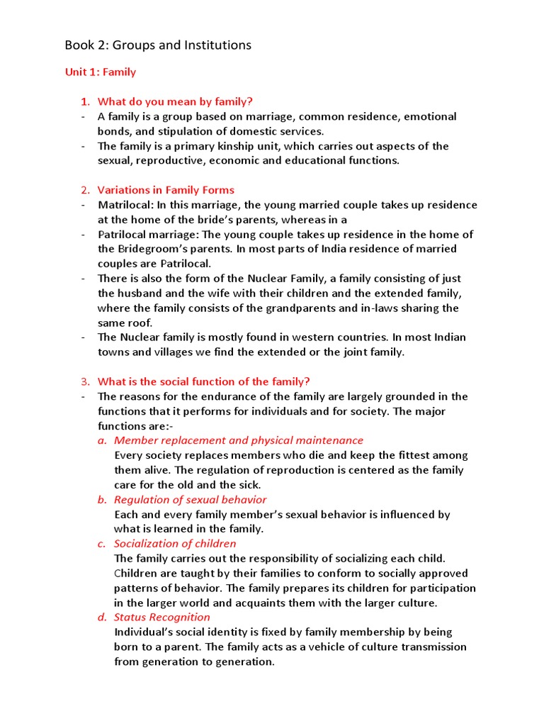 Book 2: Groups and Institutions: Unit 1: Family 1. What Do You Mean by ...