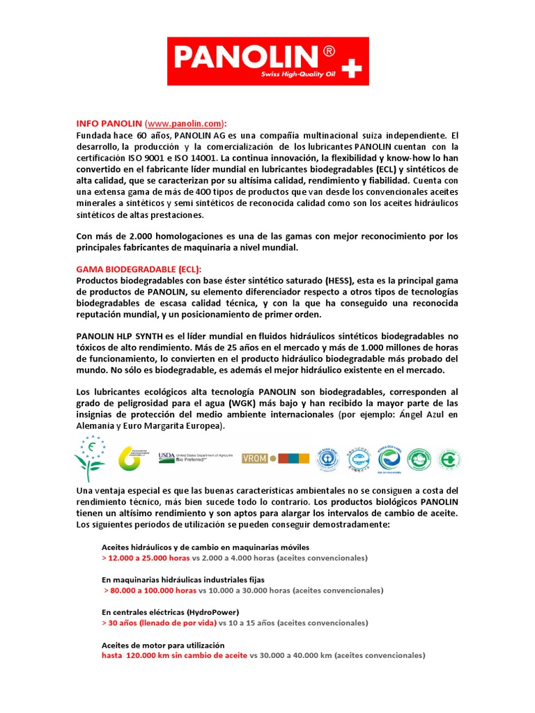 Presentación Panolin - Lubricantes Biodegradables-1 | PDF | Lubricante ...