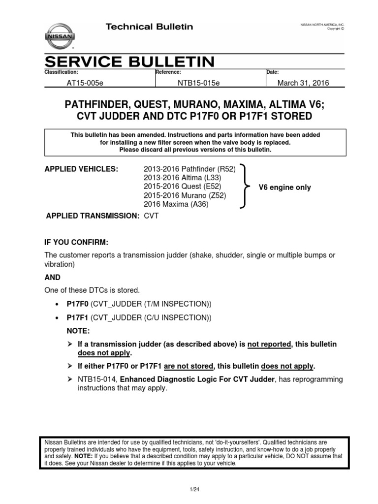 Pathfinder, Quest, Murano, Maxima, Altima V6 CVT Judder and DTC P17F0 ...