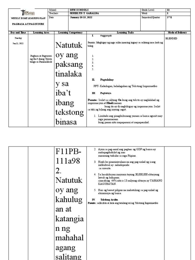 Pagbasa WHLP Week1 | PDF