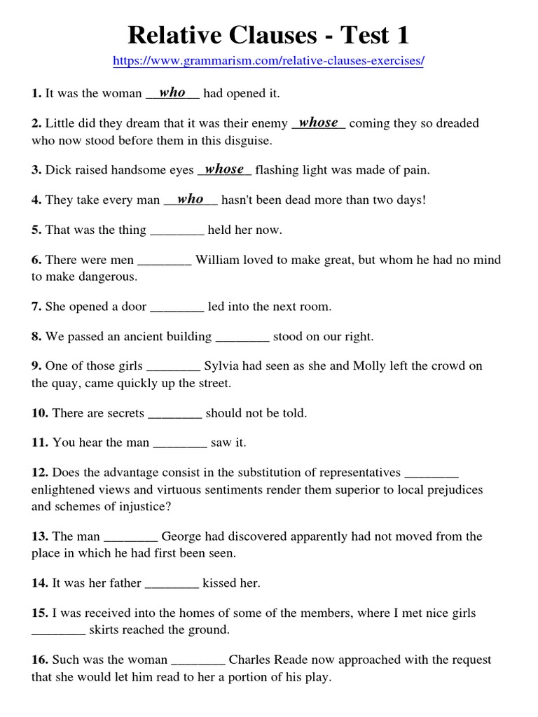 Relative Clauses Exercise Test 1 | PDF