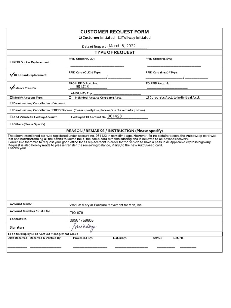 RFID Customer Request Form | PDF | Radio Frequency Identification