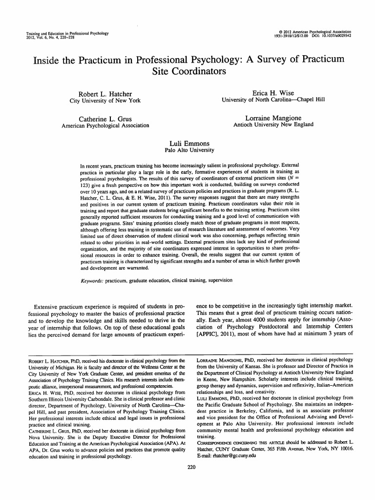 2012 Inside The Practicum in Professional Psychology A Survey of ...