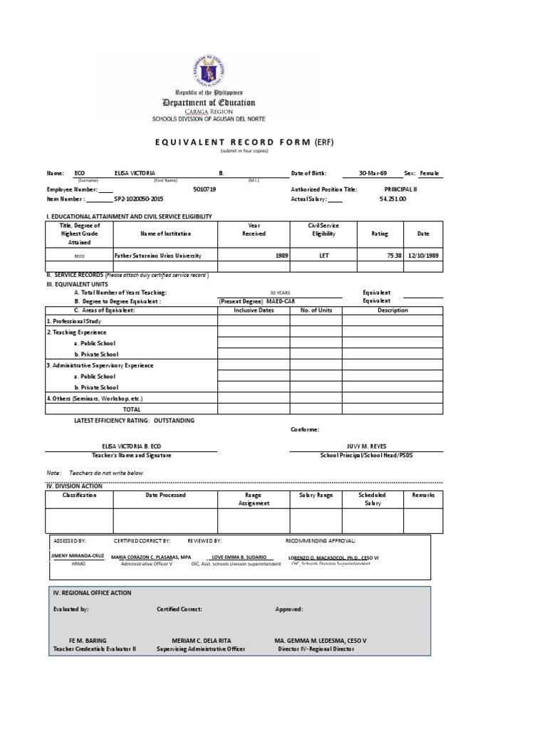Equivalent Record Form (Erf) : (Submit in Four Copies) | PDF