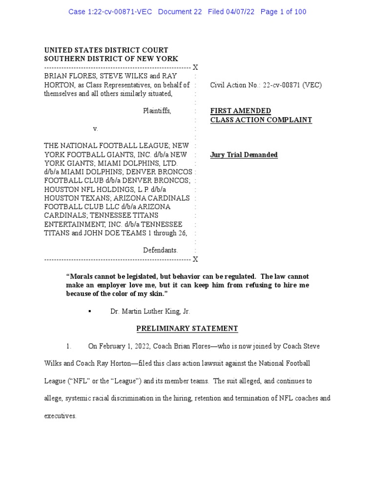 Brian Flores' Amended Lawsuit vs. NFL | PDF
