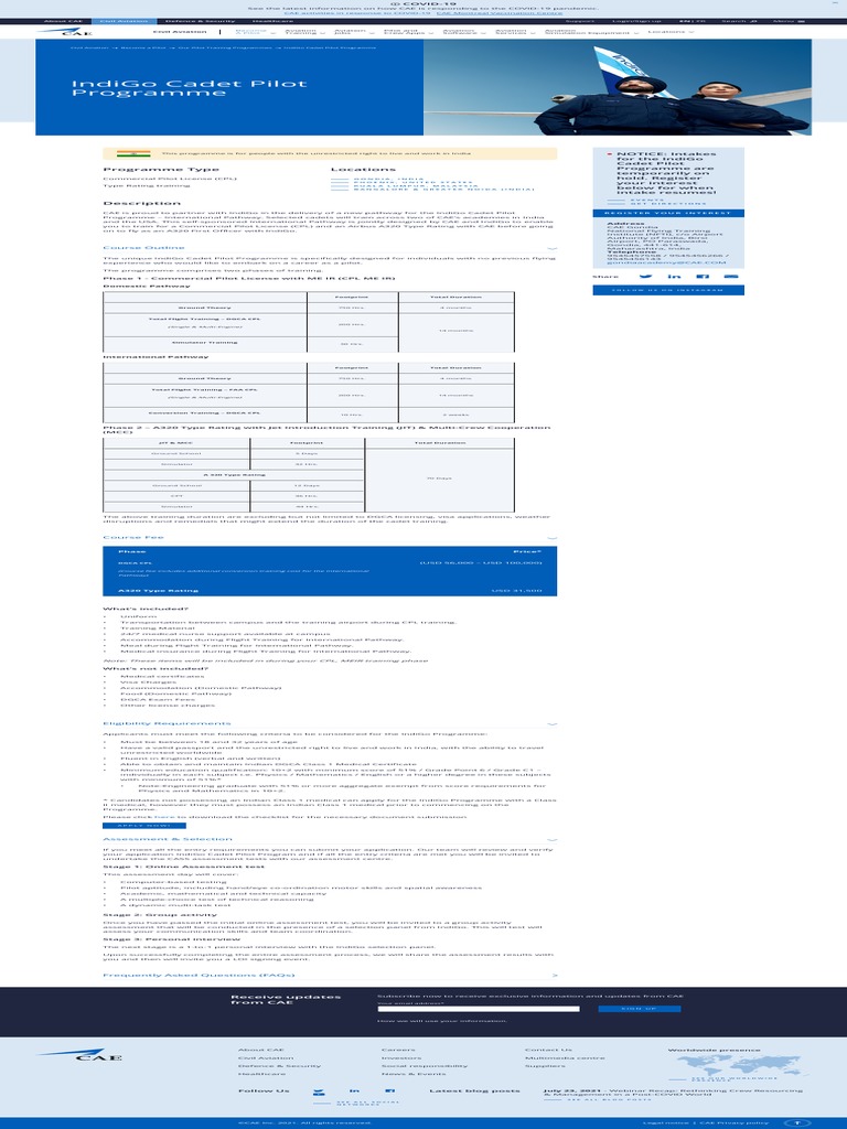 IndiGo Cadet Pilot Programme - CAE | PDF