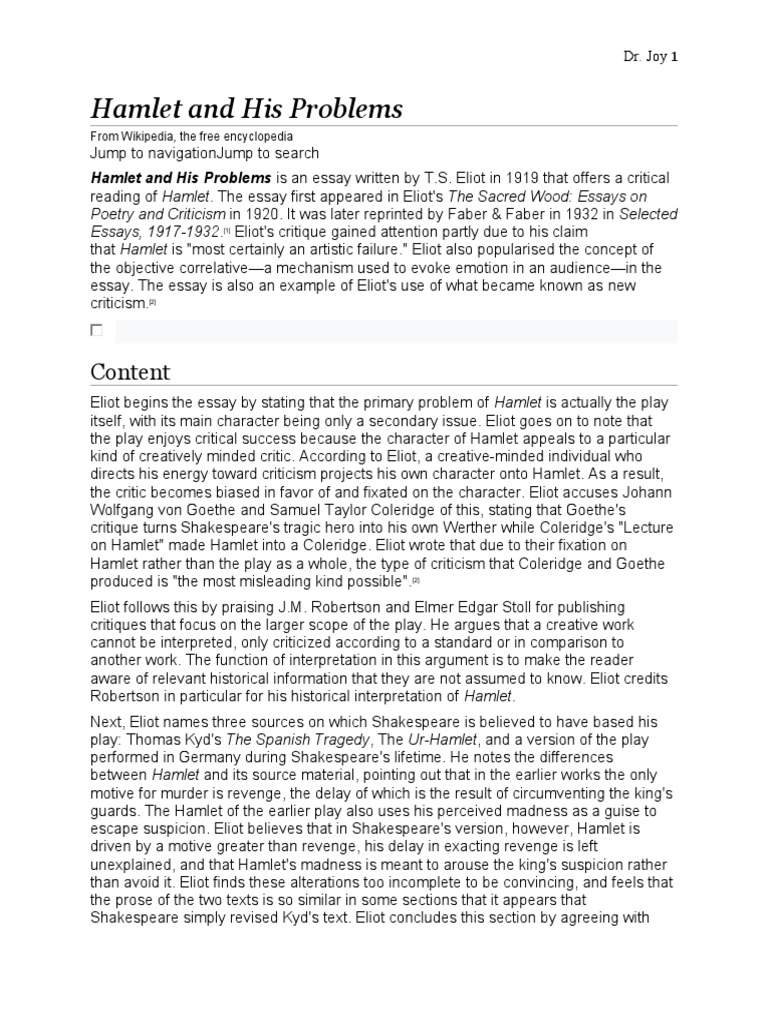 Hamlet and His Problems: Content | PDF