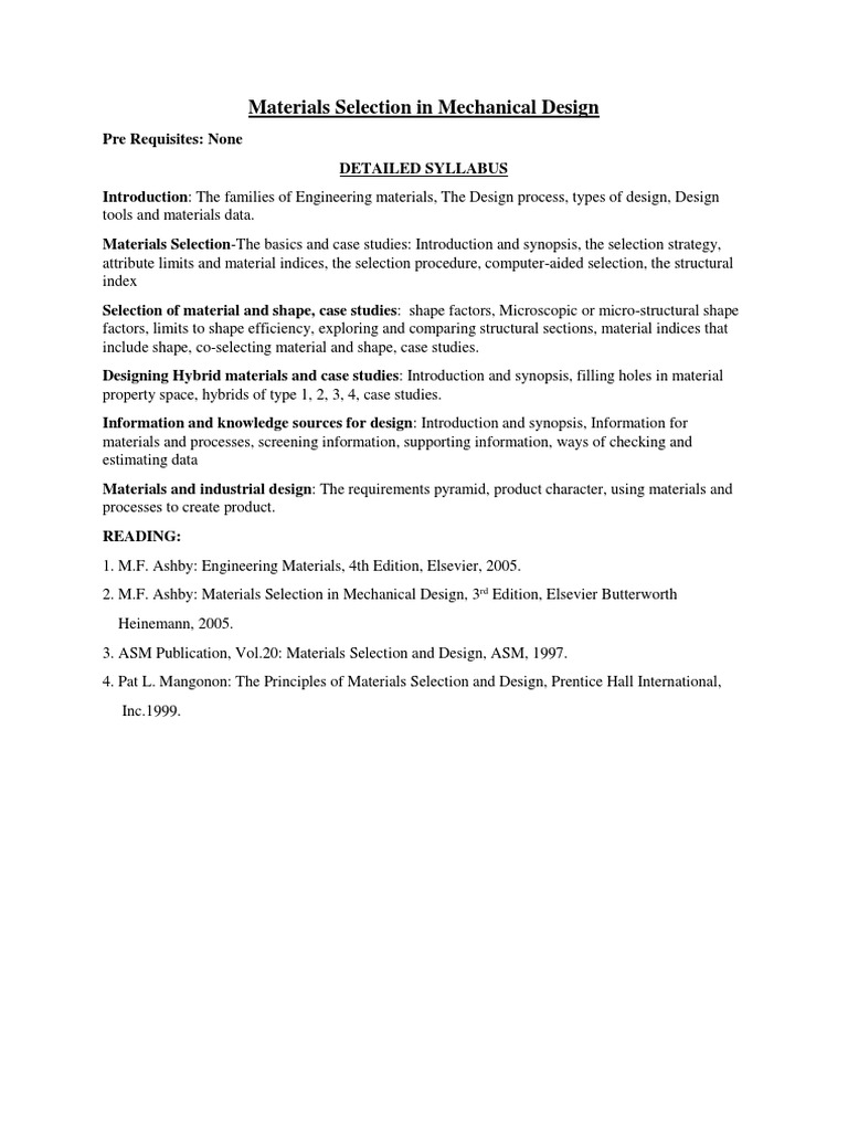 Materials Selection in Mechanical Design Syllabus | PDF