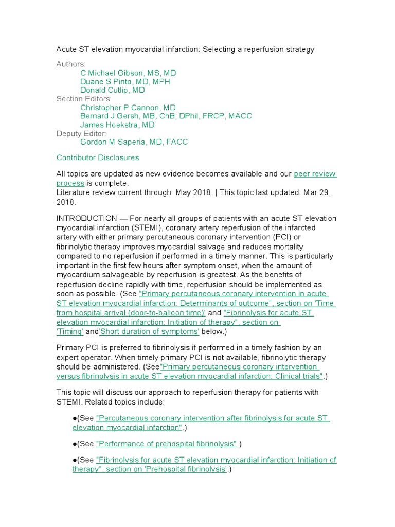Acute ST Elevation Myocardial Infarction: Selecting A Reperfusion Strategy | PDF | Percutaneous ...
