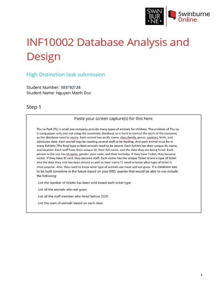 INF10002 Database Analysis and Design: High Distinction Task Submission | PDF