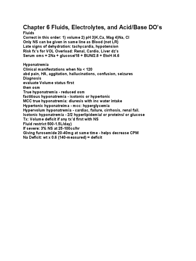 Chapter 6 Fluids, Electrolytes, and Acid/Base DO's | PDF | Diseases And ...