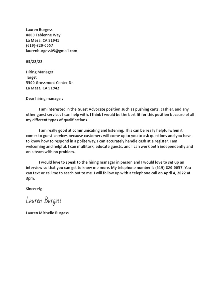 Lauren Burgess - Lesson 8 - Cover Letter Template | PDF