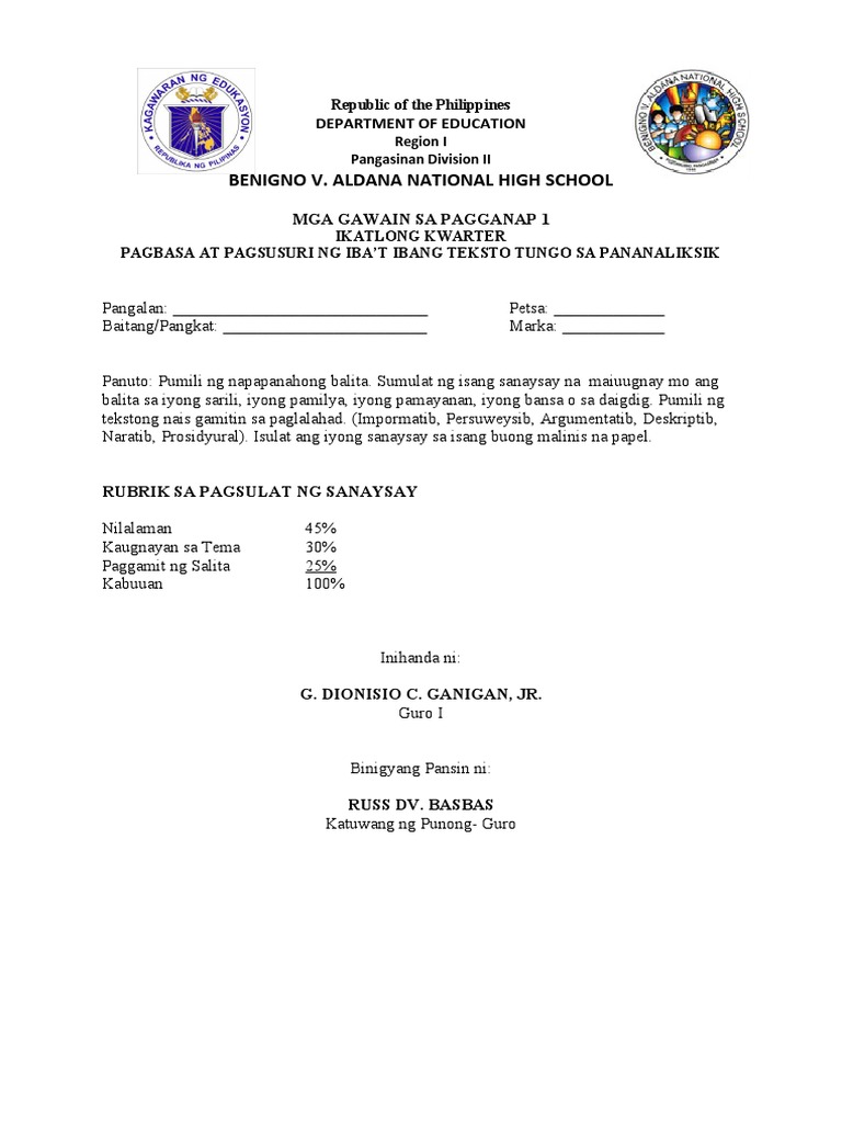 Pagbabasa at Pagsusuri Gawain Sa PAGGANAP 1-6 | PDF