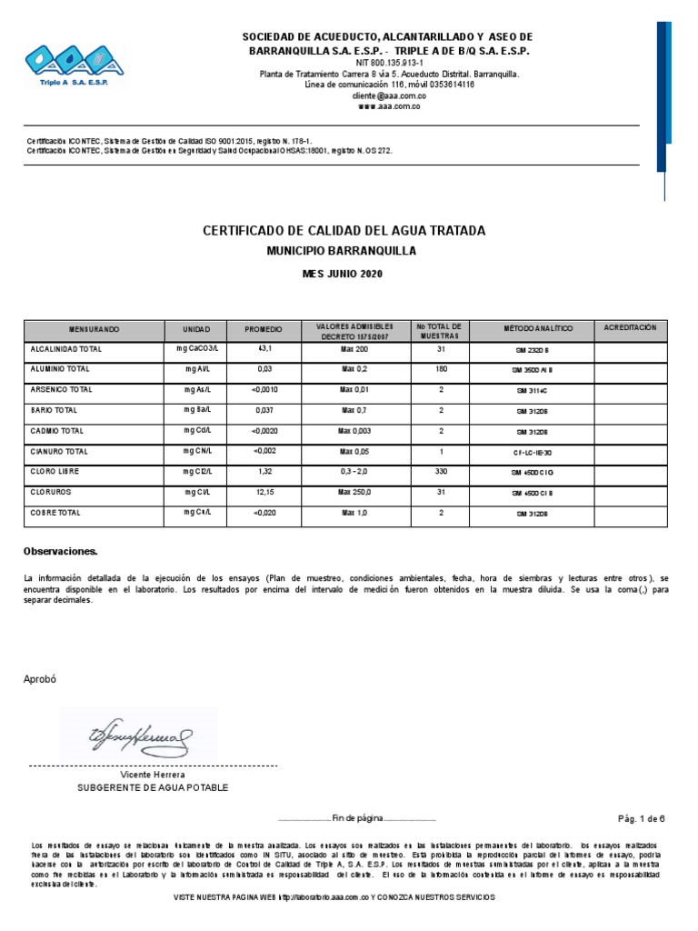 Certificado 06 20 | PDF | Laboratorios | Agua potable