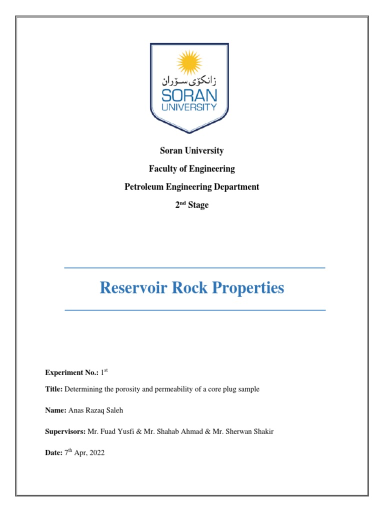 Reservoir Rock Properties: Soran University Faculty of Engineering ...