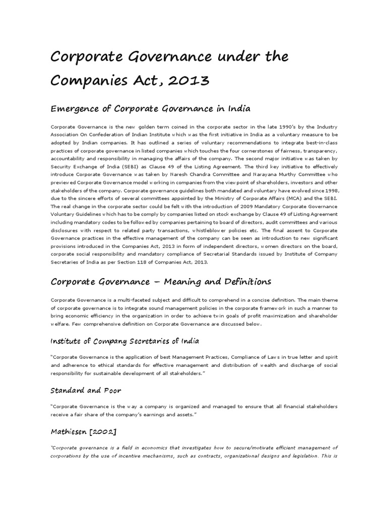 Corporate Governance in Companies Act 2013 | PDF | Corporate Governance ...