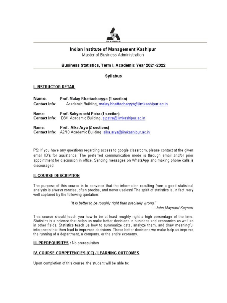 Master of Business Administration Business Statistics Syllabus: A ...