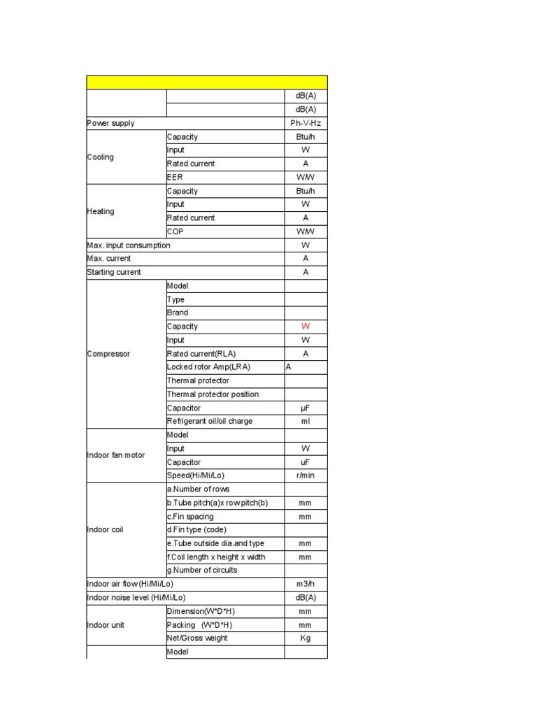 Split AC Technical Specifications | PDF | Electric Motor | Capacitor
