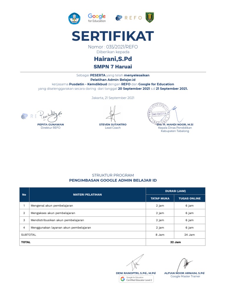 Sertifikat Pelatihan Admin Belajar - Id - Hairani, S.PD | PDF