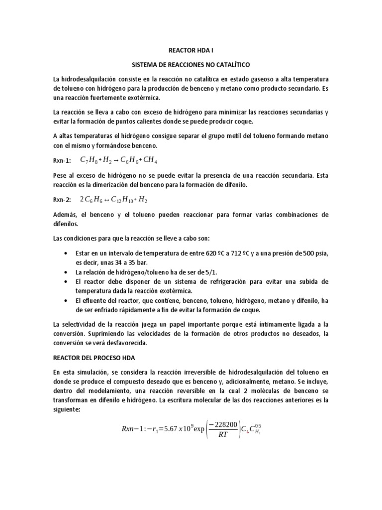 Simulación de Reactor HDA para Benceno | PDF | Reactor Quimico ...
