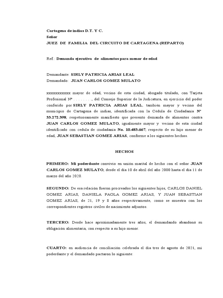 70 Modelo de Demanda Ejecutiva de Alimentos-Otorgamiento de Poder y Solicitud de Practica de ...