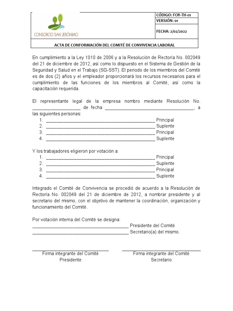 Formato Acta Conformación Comité Convivencia Laboral CONSORCIO SAN ...