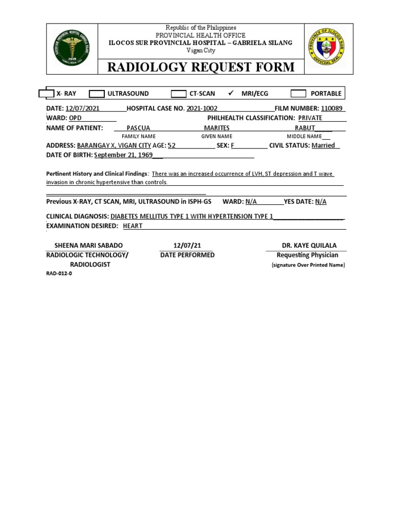 Radiology Request Form: Philhealth Classification: Private | PDF