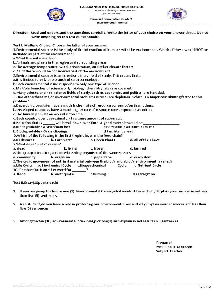 Grade 7 Environmental Science Exam | PDF | Ecology | Natural Environment