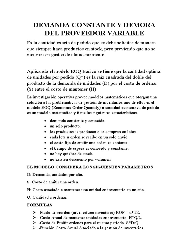 Demanda Constante y Demora Del Proveedor Variable | PDF | Inventario ...