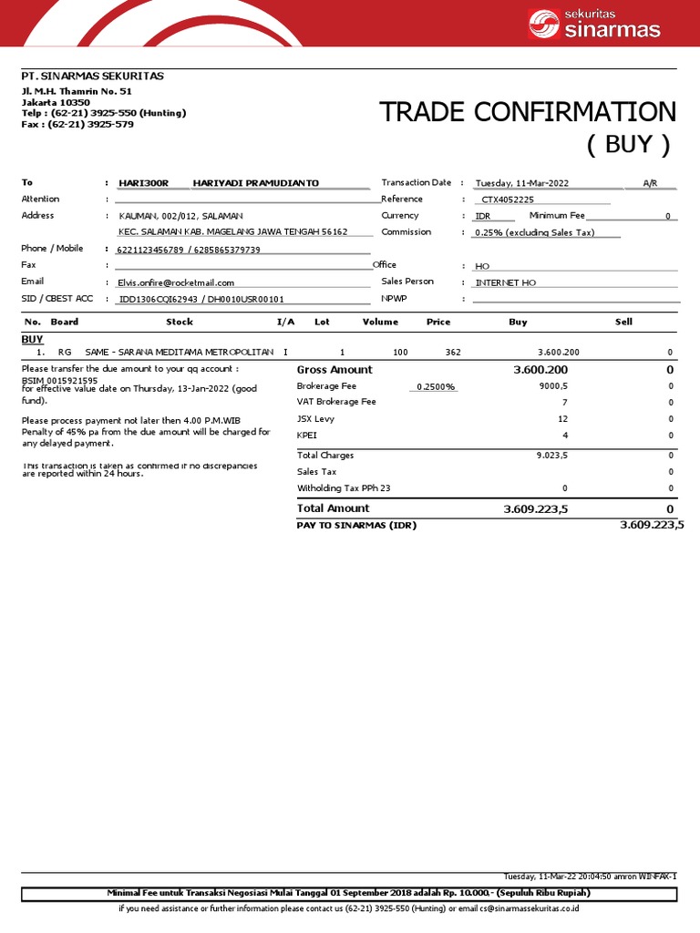 Trade Confirmation: Pt. Sinarmas Sekuritas | PDF | Indonesian Rupiah ...
