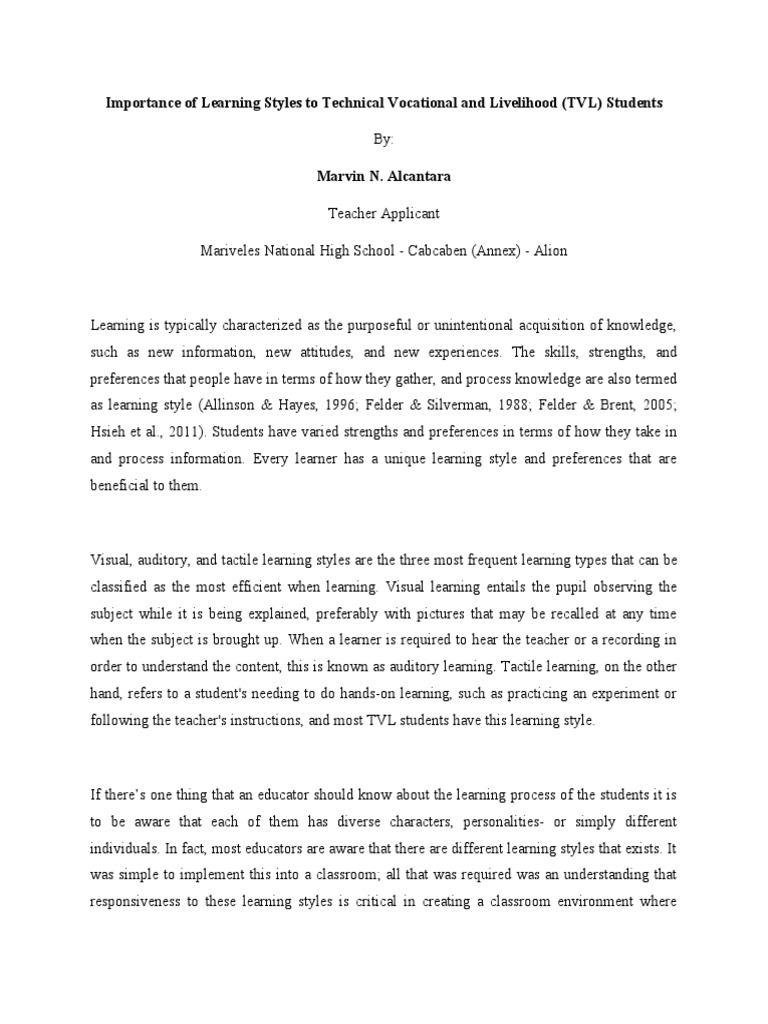 Importance of Learning Styles To Technical Vocational and Livelihood ...