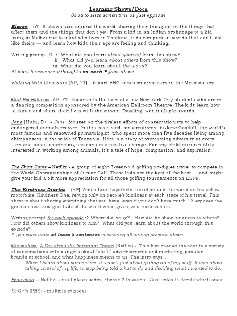 Learning Shows - Documentaries For Kids | PDF