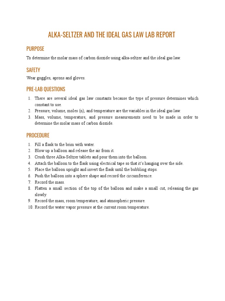 Alley Alka-Seltzer Lab Report Template | PDF | Mole (Unit) | Gases