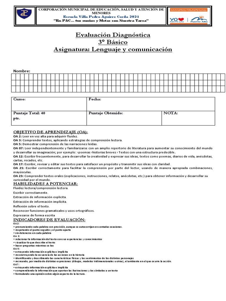 Evaluación Diagnóstica Lenguaje 3° Básico | PDF